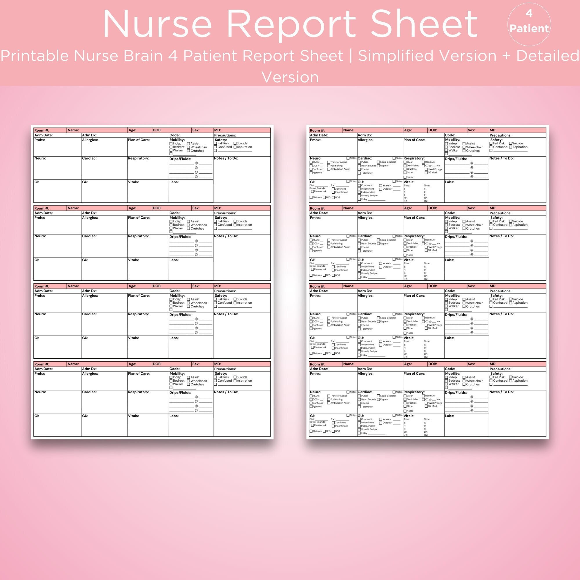 Nurse 4 Patient Report Sheet Printable PDF Template | Nurse Brain ...