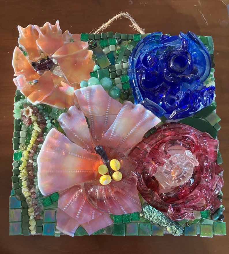 Reclaimed Glass 3 D Wildflower Mosaic Recycled Art Upcycled Glass Tile ...