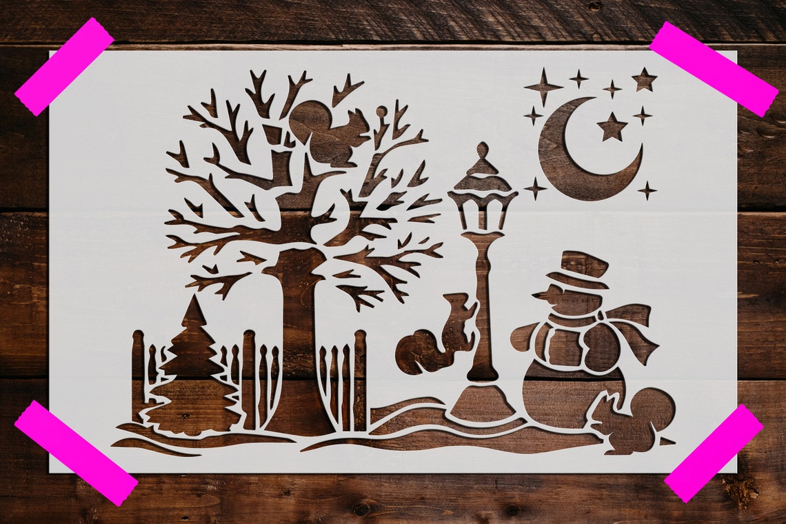 Winter Scene Stencil - Reusable Winter Scene Stencil - Art Stencil ...