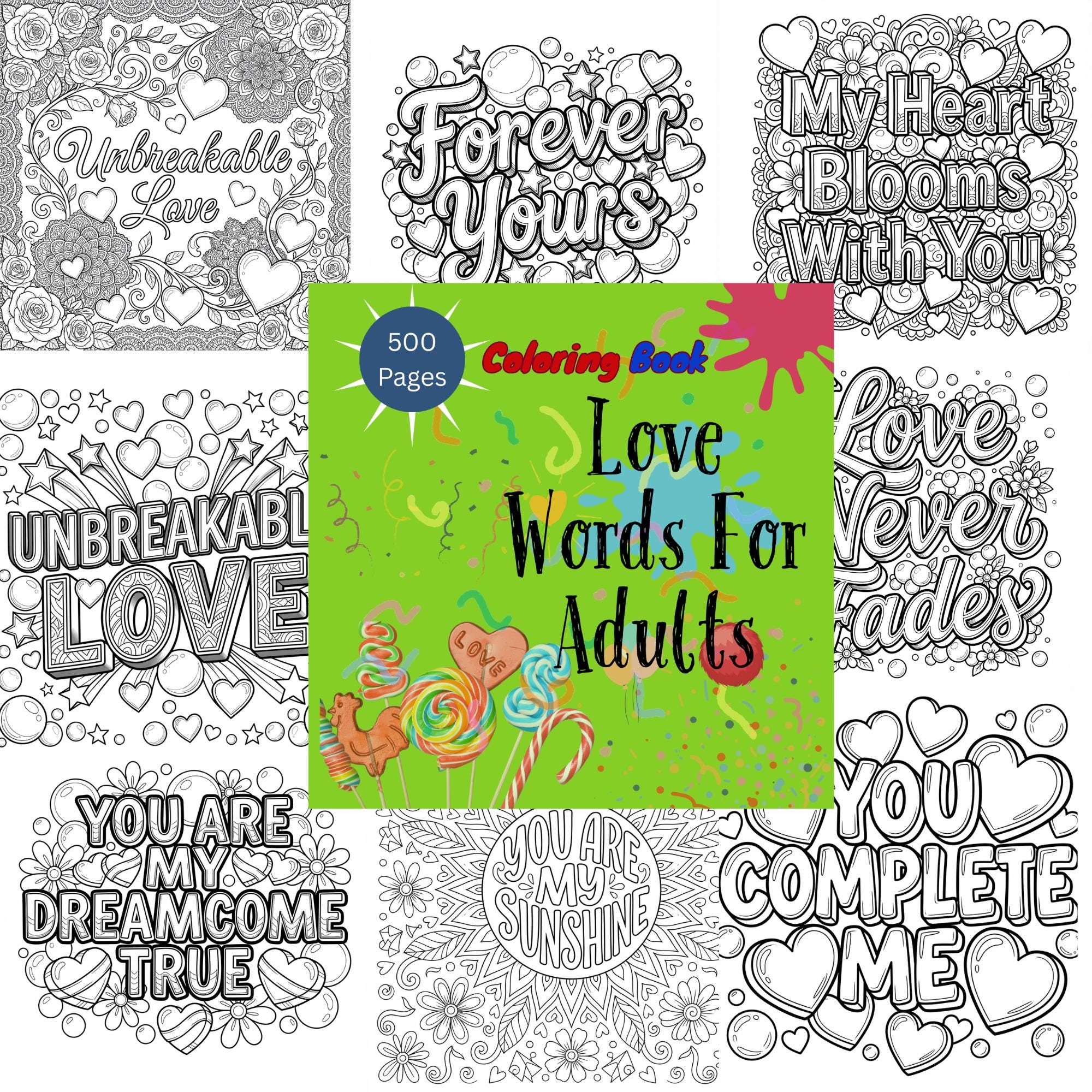 Adult Love Word Coloring Pages Printable Bundle | 500 Romantic Quote ...