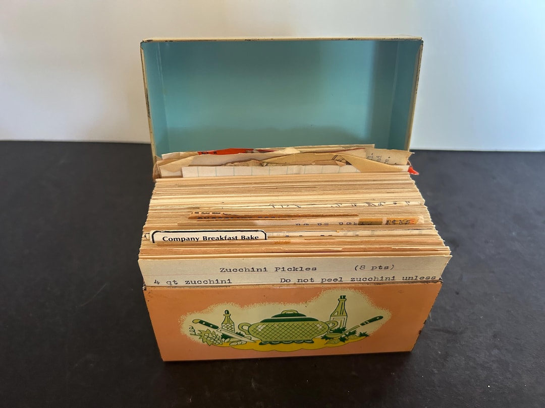 Vintage Recipe Box With Handwritten Cards. Grandmacore Kitchen. Metal ...