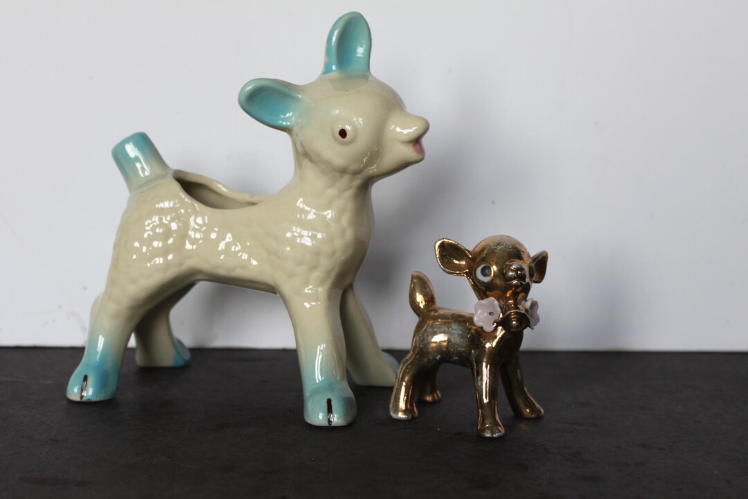 Vintage White and Blue Lamb Planter. Gold Figurine. DERPY Faces, Silly ...