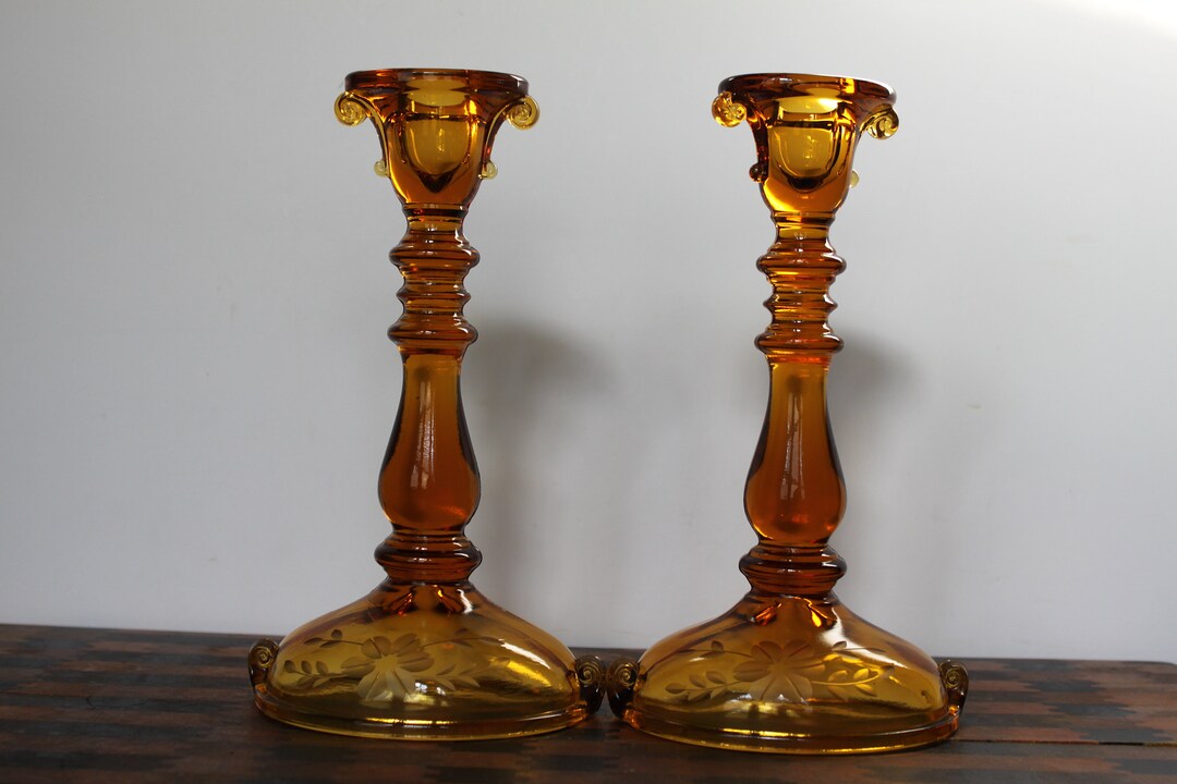Vintage Amber Glass Candlestick Holders. Etched Flower Design - Etsy