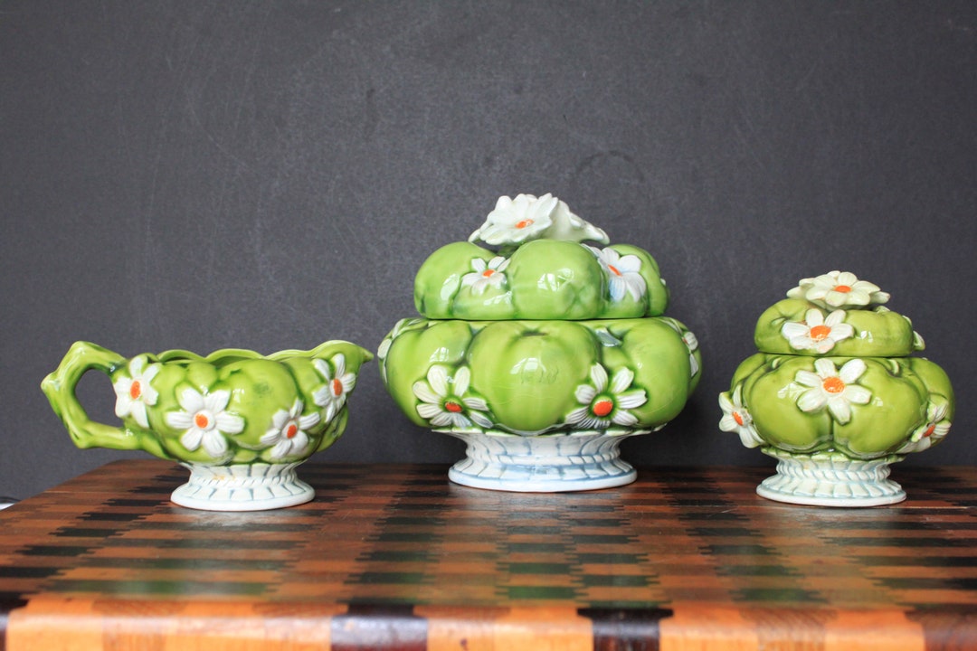 Vintage Inarco Creamer and Sugar. Compote Dish With Lid, Green Apples ...