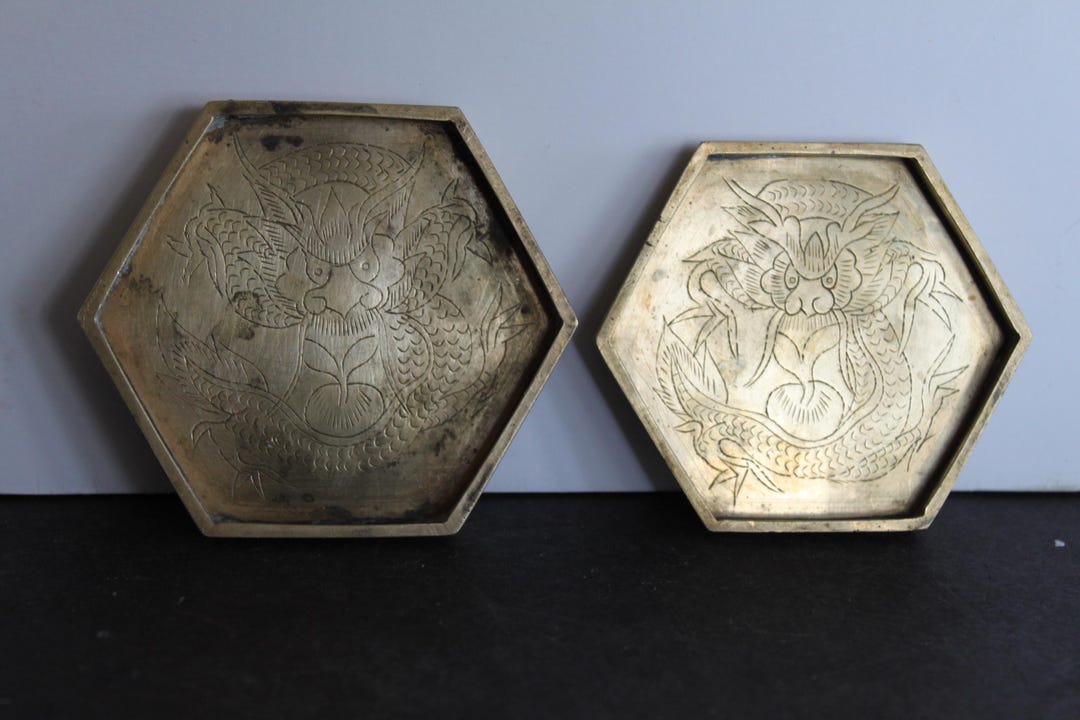 Vintage Brass Dragon Trinket Trays. Small, Hexagon Shaped, Engraved ...