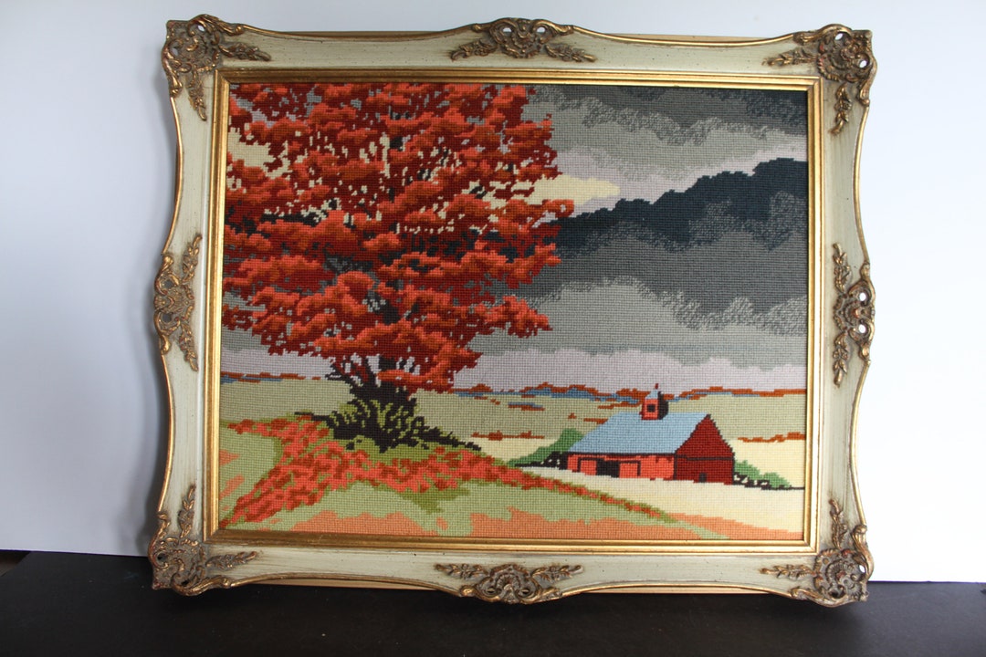 Vintage Embroidered Barn Picture. Gold Wooden Frame, Crewel Embroidery ...