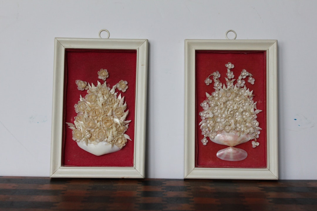 Vintage Sea Shell Flower Art. Pair of 2 Wall Hanging Pictures, Small, Red Velvet Background ...