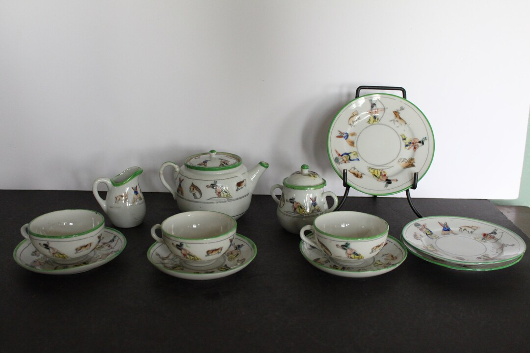 Vintage Miniature Native American Tea Set. White Ceramic With Hunting ...