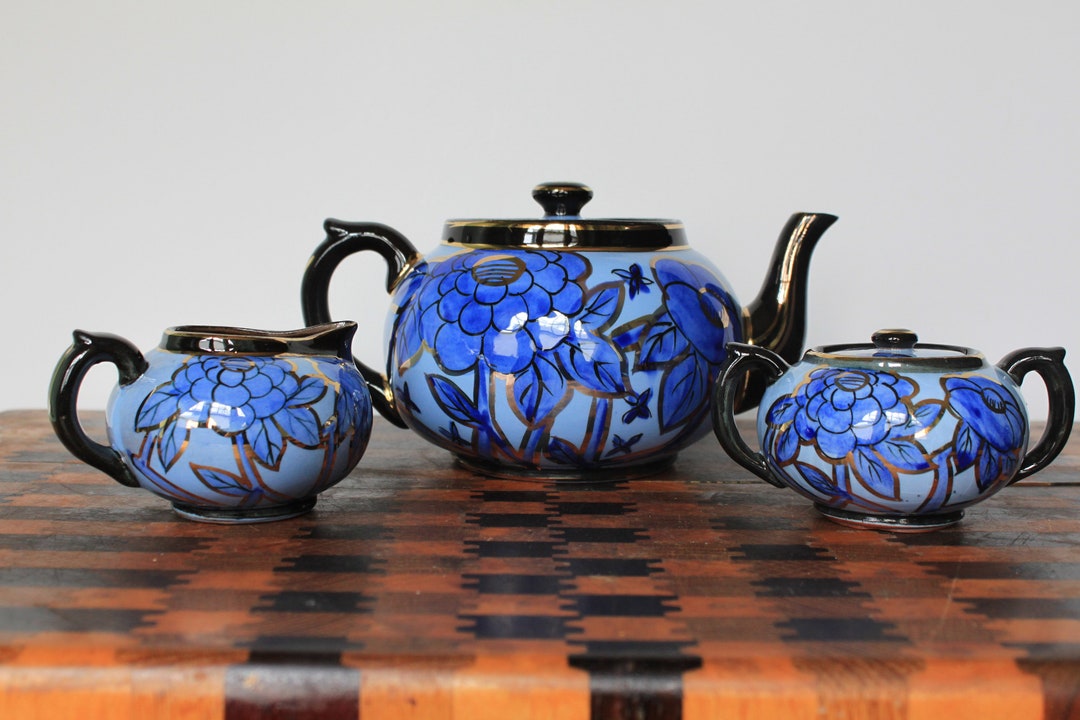 Vintage Blue Flower Tea Set. Teapot, Creamer, Sugar, Olimco, Made in ...