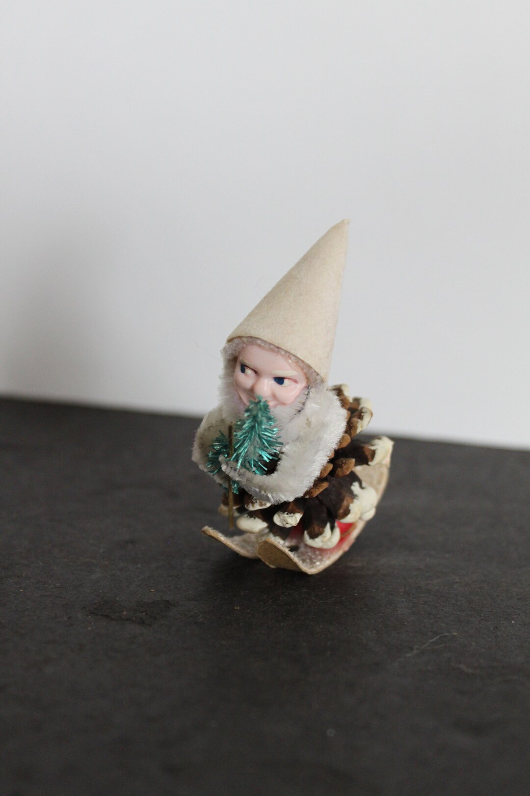 Vintage Enesco Pine Cone Gnome. Cute Imp Skiing, Holding Tree, Kitschy ...
