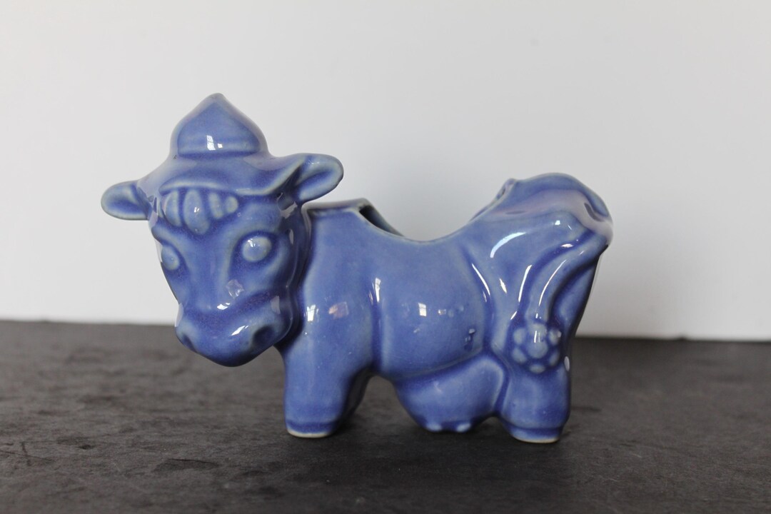Vintage Blue Ceramic Cow Planter. Cute Cow Wearing Hat, Mccoy, MINT ...