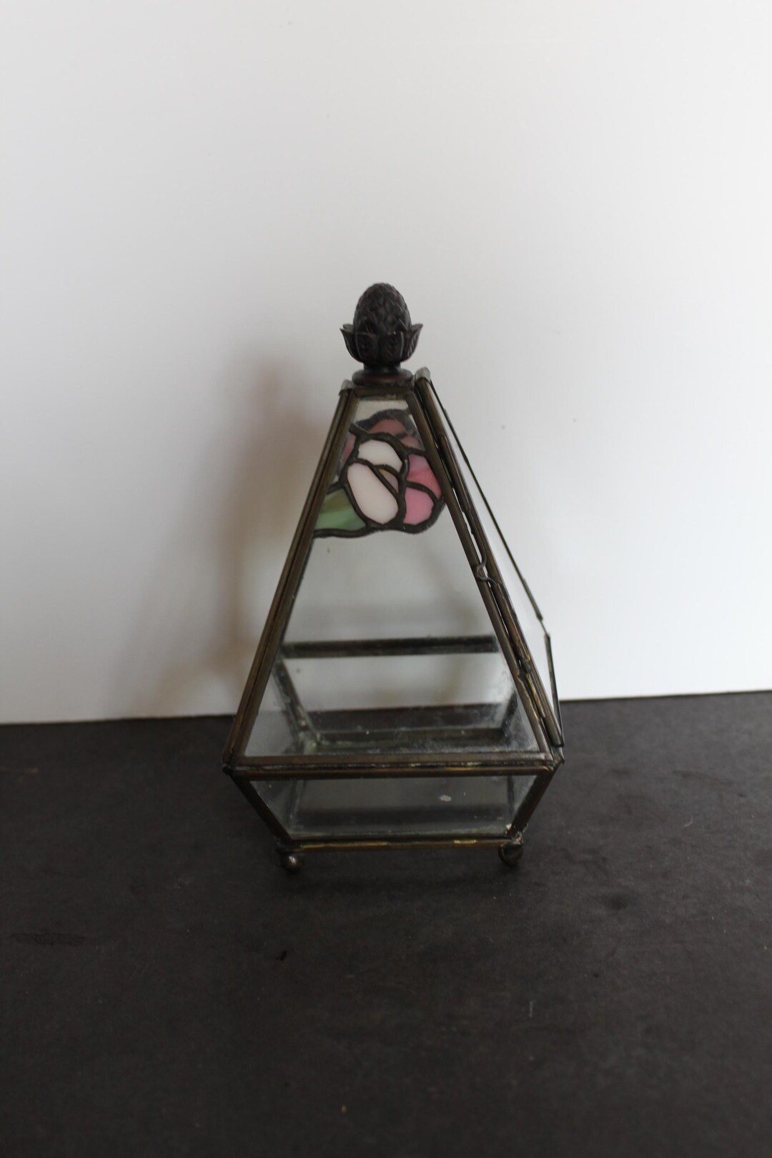 Vintage Glass Terrarium Box. Pyramid Shape, Pink Rose Design, Small ...
