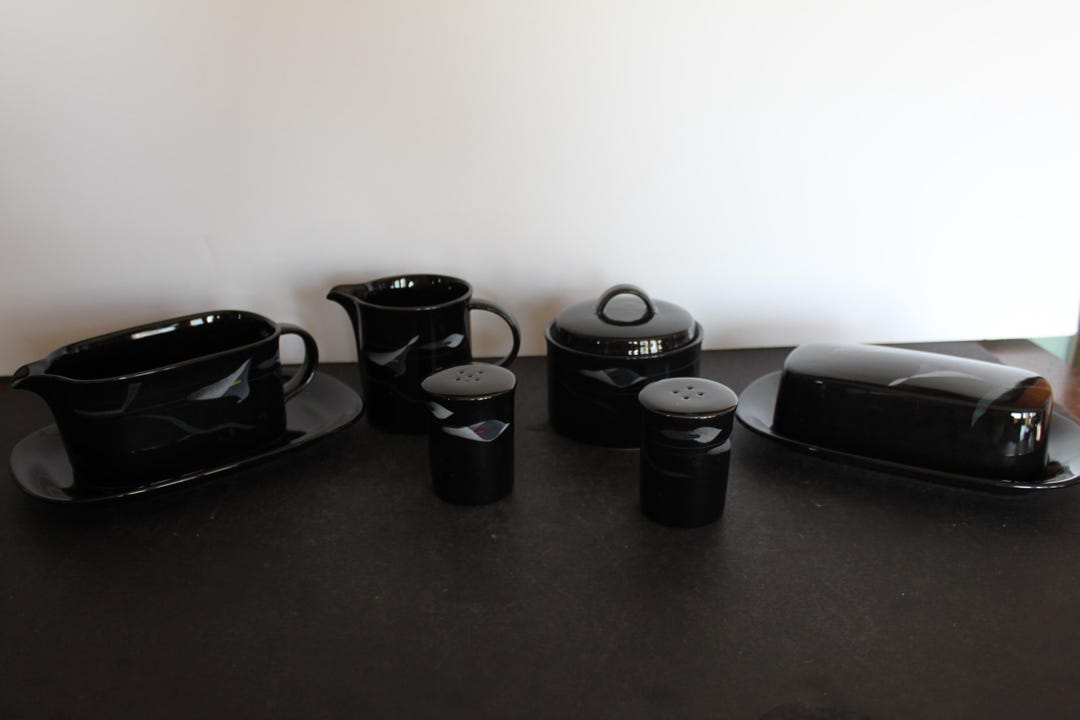 Vintage Mikasa Dish. Opus Black, CHOOSE, Gravy Boat, Creamer and Sugar, Butter Dish, Salt and ...
