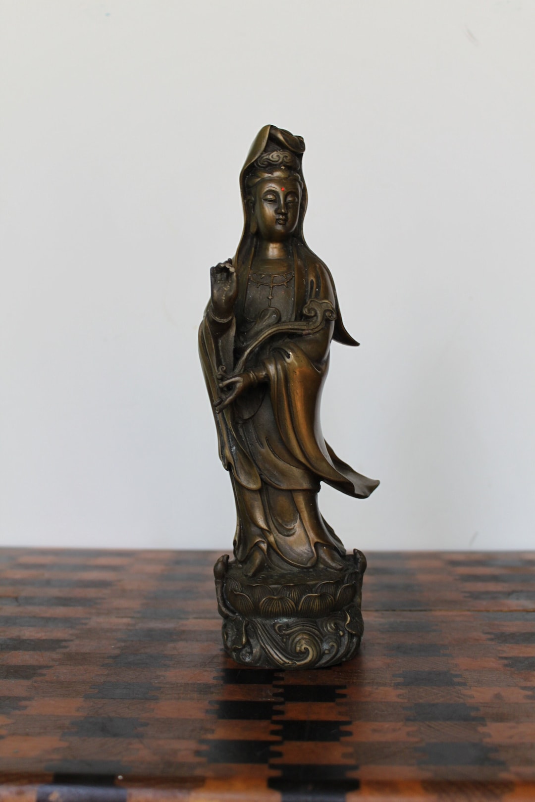 Vintage Guanyin Bronze Statue. Standing on Lotus Throne, Oriental ...