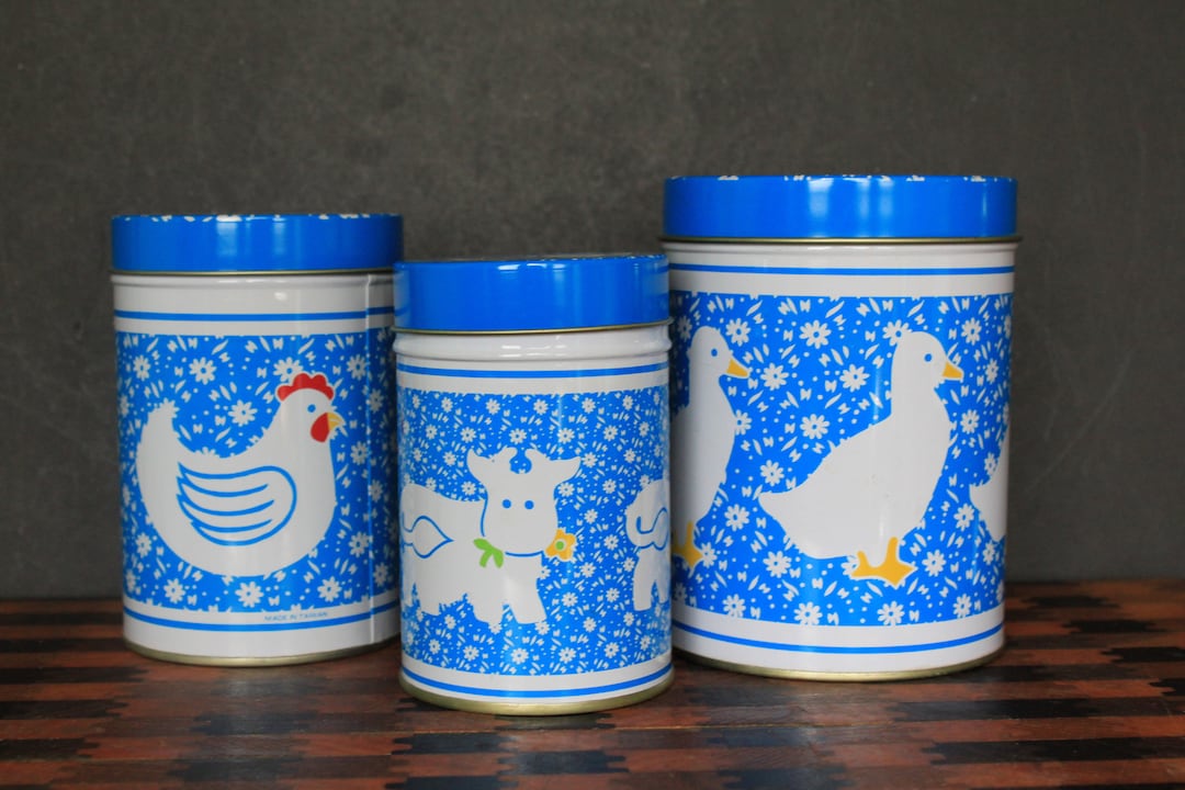 Vintage Farmhouse Tin Set. Cute Set of 3 Animal, Farmyard Tins, Blue ...