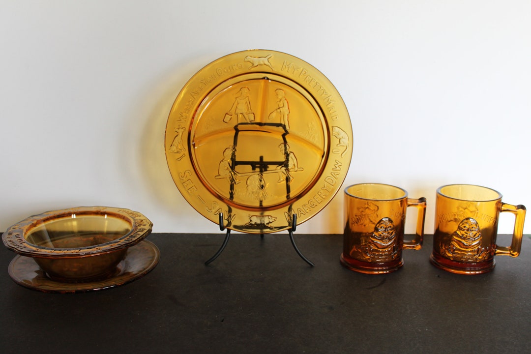 Vintage Mother Goose Nursery Rhymes Dish Set. Amber Glass, Full Set ...