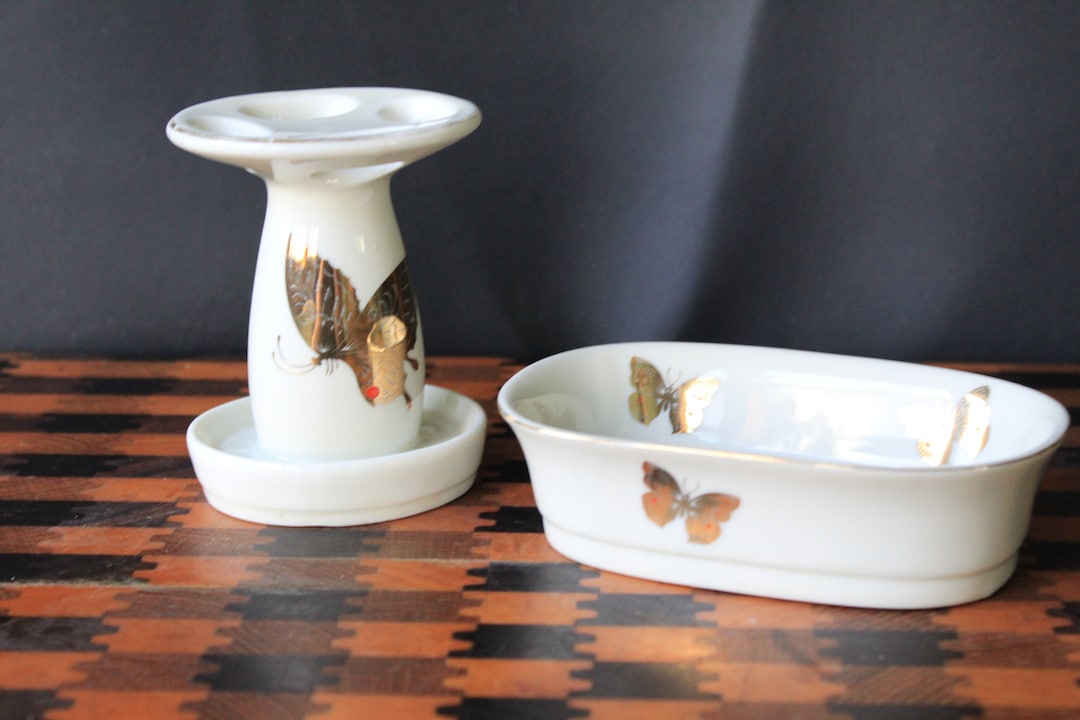 Vintage Butterfly Bathroom Set. Takahashi, White Porcelain W/ Gold ...