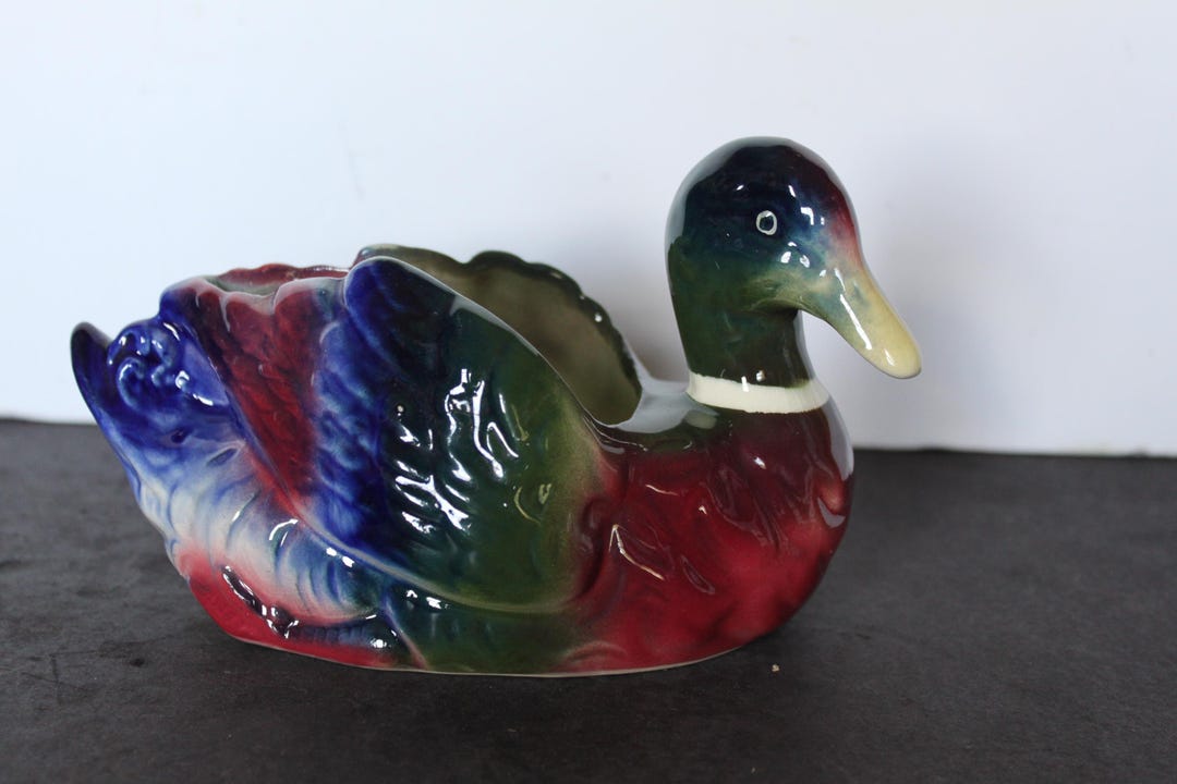 Vintage Mallard Duck Planter. Blue, Red, Green, Ceramic, Rustic Lake ...