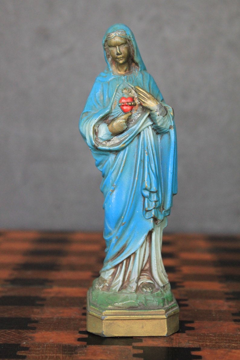 Vintage Metal Virgin Mary Figurine. Madonna, Bleeding Heart, K C Co ...