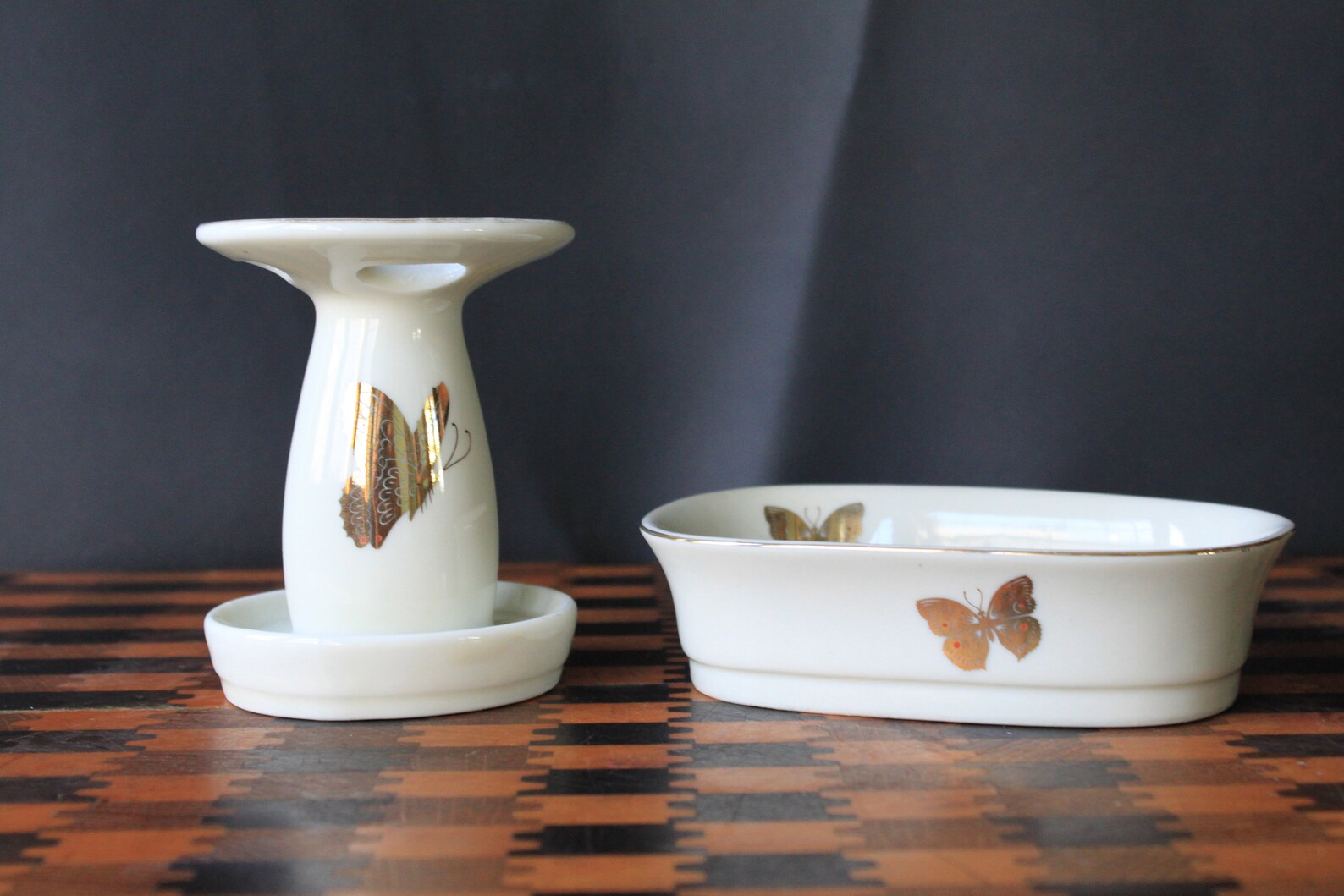 Vintage Butterfly Bathroom Set. Takahashi, White Porcelain W/ Gold ...