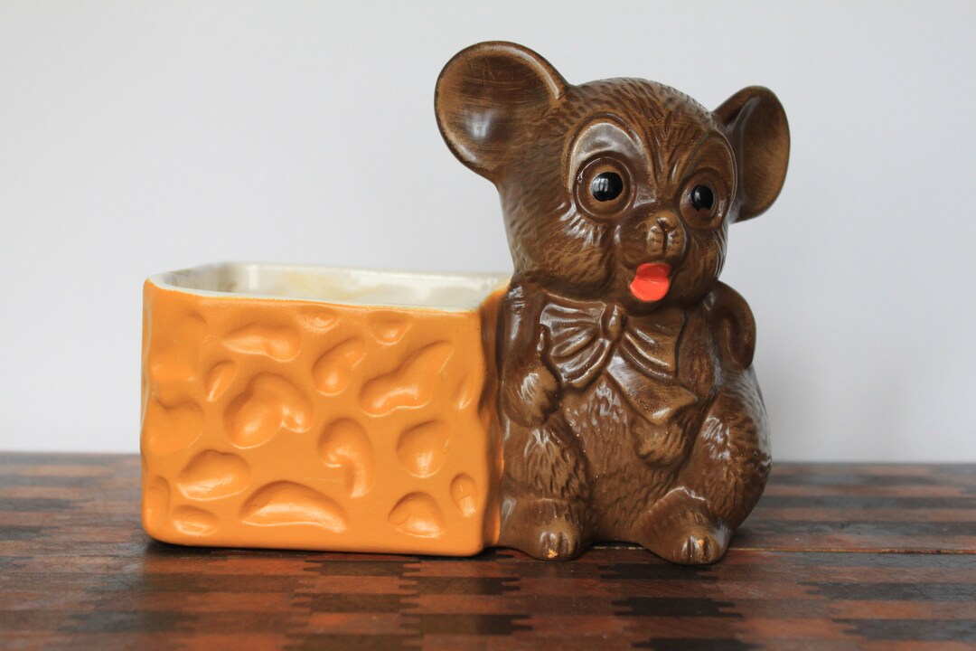 Vintage Mouse Ceramic Planter. Cute Brown Mouse W/ Yellow Cheese ...