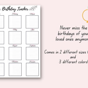 Birthday Tracker, Yearly Birthday Tracker Printable, Birthday Calendar ...