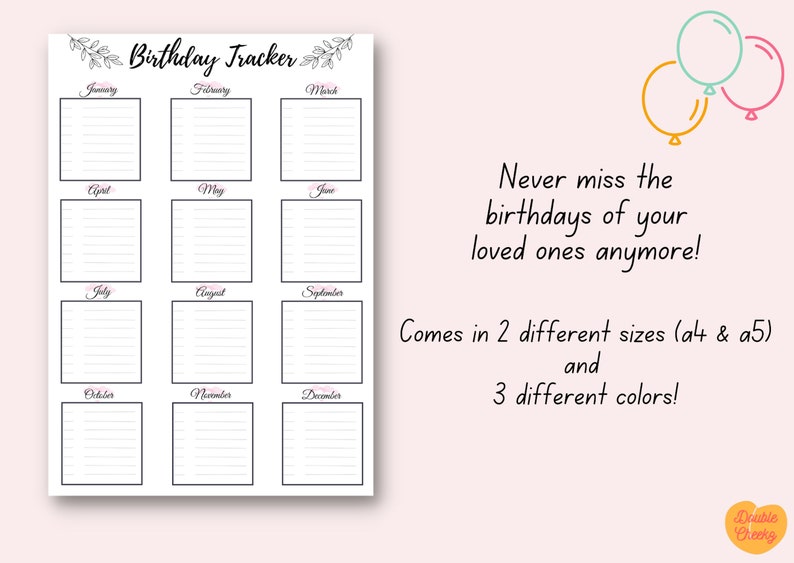 Birthday Tracker, Yearly Birthday Tracker Printable, Birthday Calendar ...