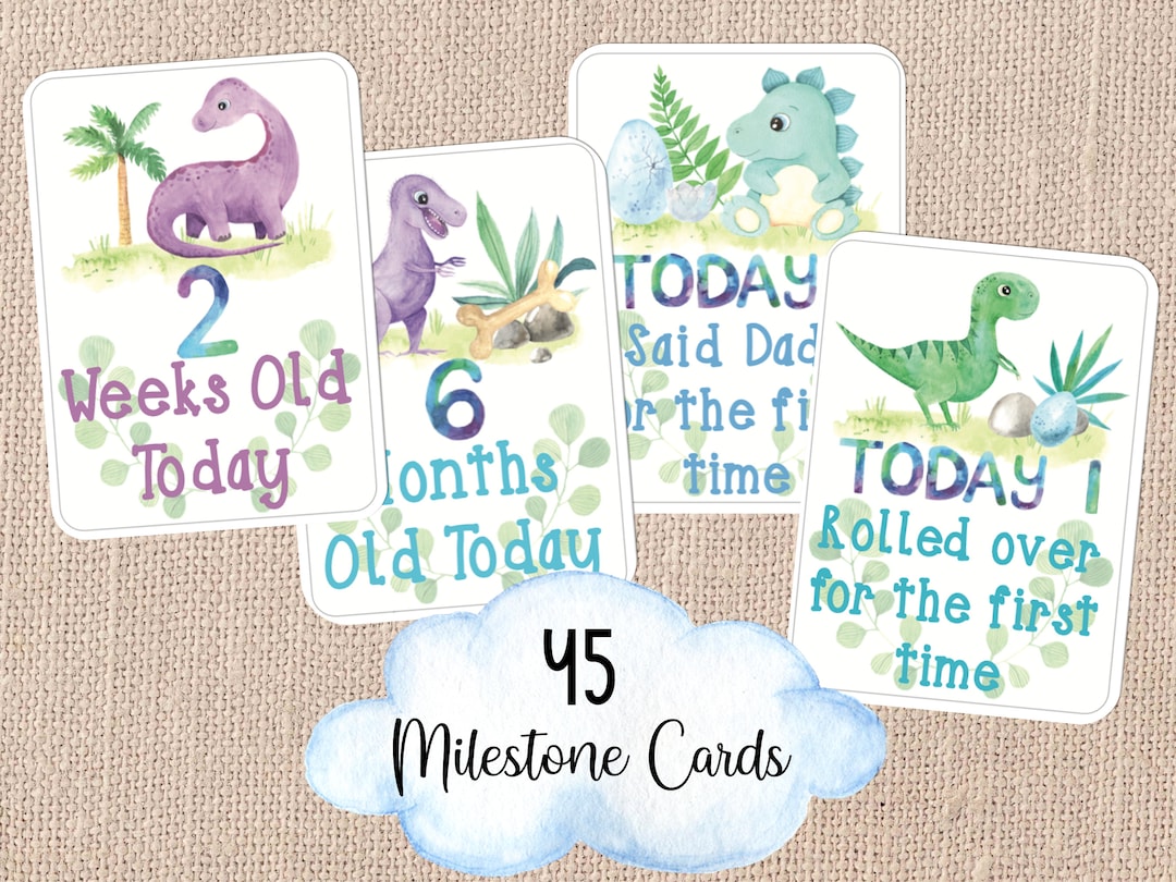 Baby Boy Dinosaur Milestone Cards - Set of 45 Digital Watercolour ...