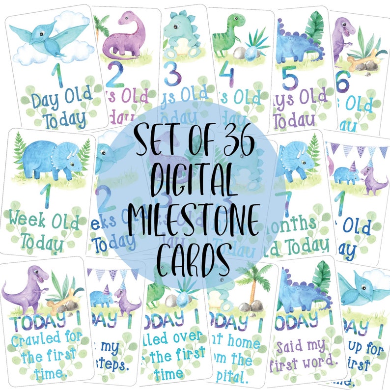 Baby Boy Dinosaur Milestone Cards - Set of 45 Digital Watercolour ...