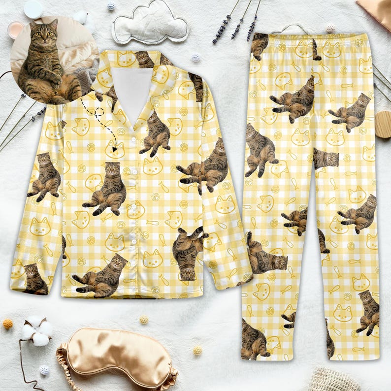Personalized Cat Pajamas, Custom Cat Portrait PJ Set, Cute Cat Lover ...