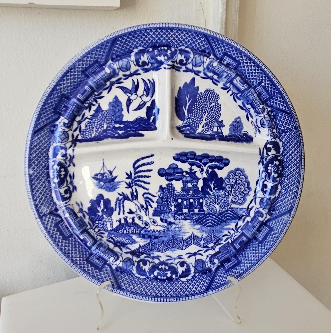 Vintage PAIR Flow Blue Willow Pattern Divided Luncheon Grill Plates ...