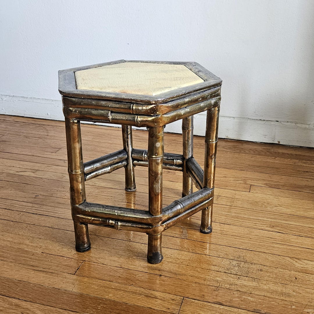 Vintage 60s Brass Clad Bamboo Hexagonal Taboret Table Stool W/shagreen ...