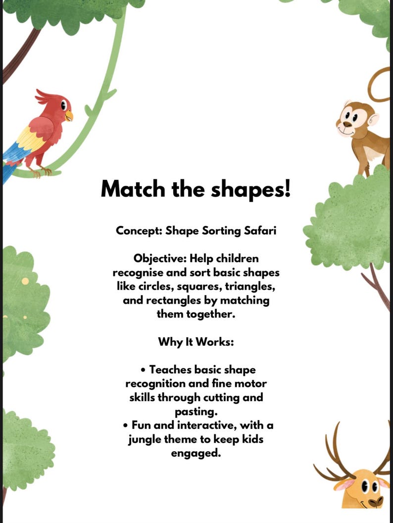 Jungle Animals Shape Match Worksheet for Preschool | Fun Printable ...