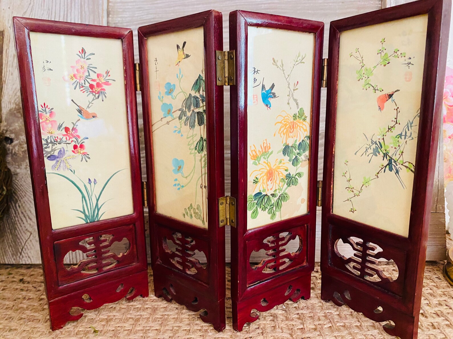 Vintage Chinese 4 Panel Screen Artist Hand Painted Silk | Etsy
