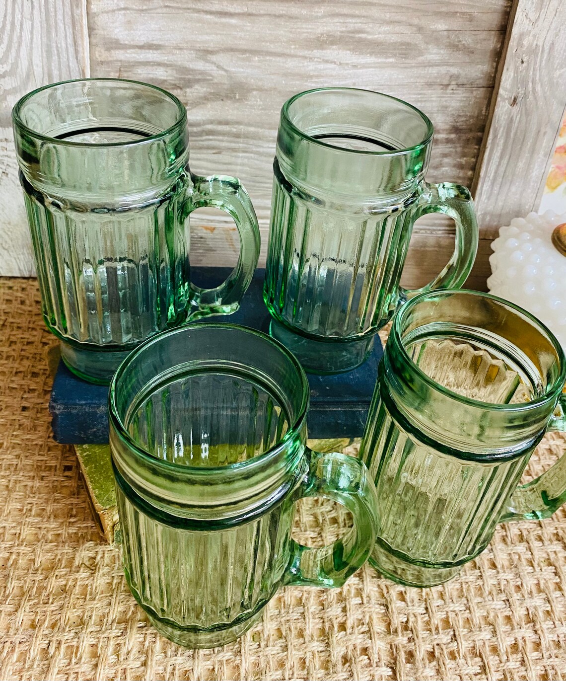 Vintage Green Ribbed Barrel Mugs Set of 4 | Etsy