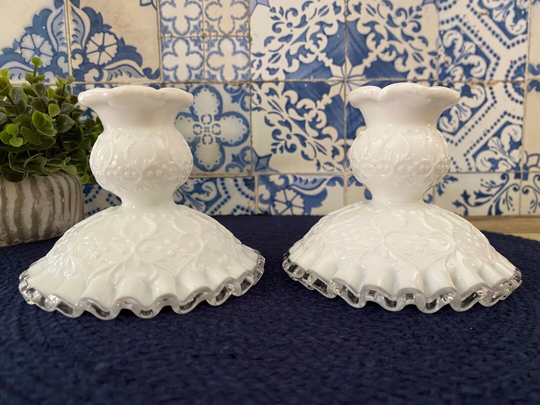 Pair of Vintage Fenton White Milk Glass Silver Crest Candlestick ...