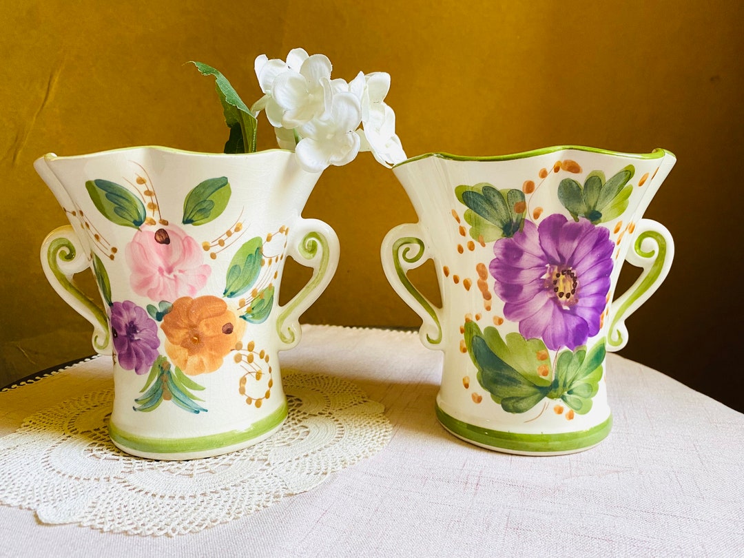 Pair of Double Handled Hand Painted Portugal Vintage Vases - Etsy