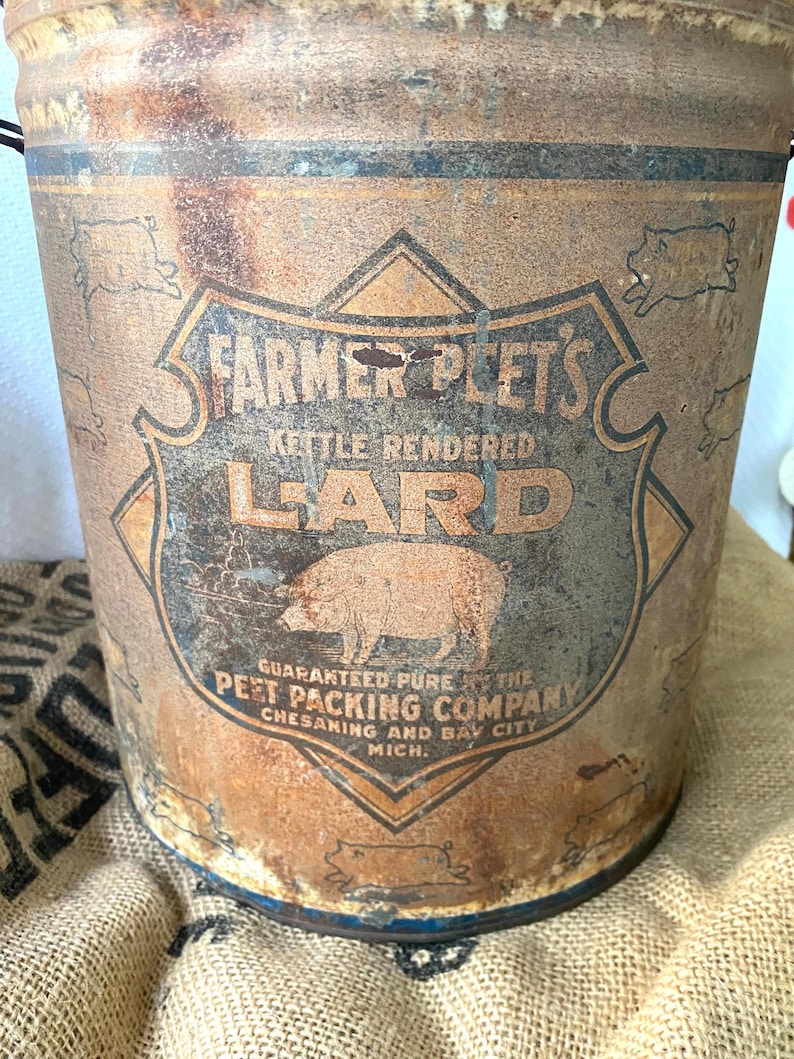 Large Antique Farmer Peet’s Kettle Rendered Lard Advertising Tin 50 Lbs ...