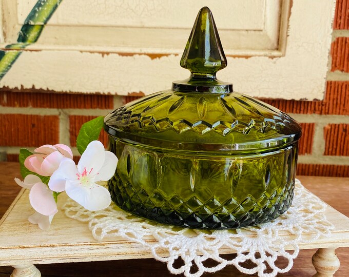 Indiana Glass Princess Pattern Green Glass Candy Dish/ Home Decor - Etsy