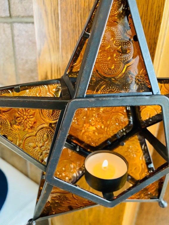 Hanging Star Tea Light Amber Glass Vintage - Etsy