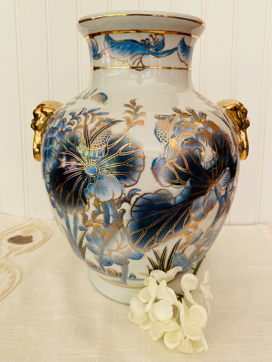 Large Porcelain Double Handled Lion Head Blue & White Vase - Etsy