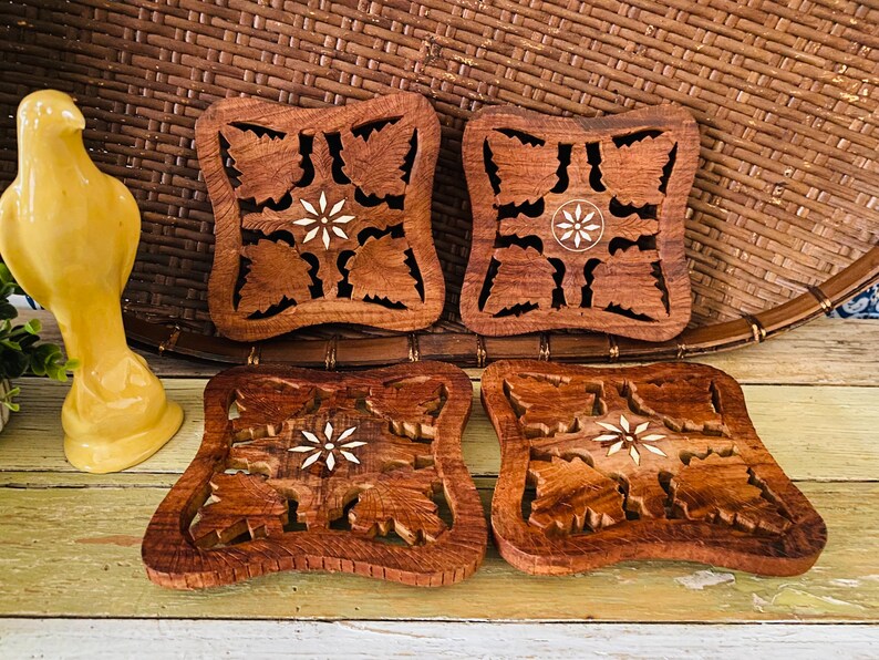Set of 4 Teak Wood Hand Carved Trivets - Etsy
