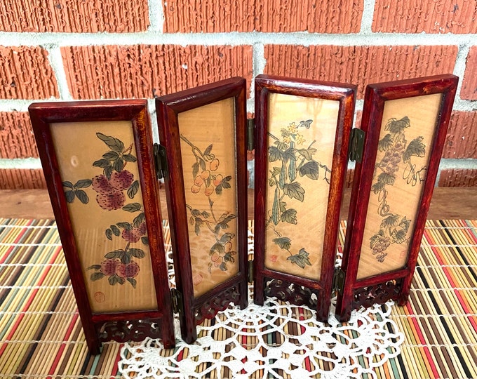 Chinese 4 Panel Tabletop Screen / Silk Lacquer Rose Wood Mini Screen - Etsy