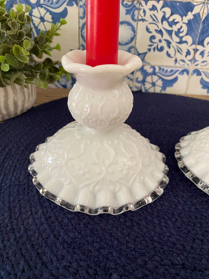 Pair of Vintage Fenton White Milk Glass Silver Crest - Etsy