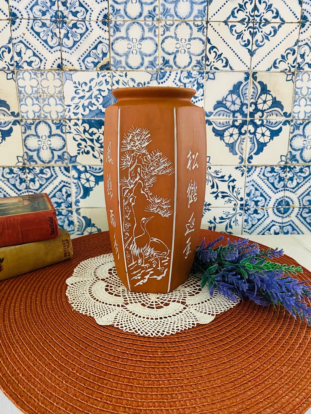 Chinese Brown/red Pottery Hexagon Etched Vase - Etsy