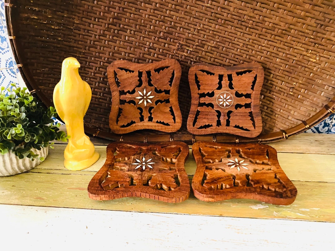 Set of 4 Teak Wood Hand Carved Trivets - Etsy