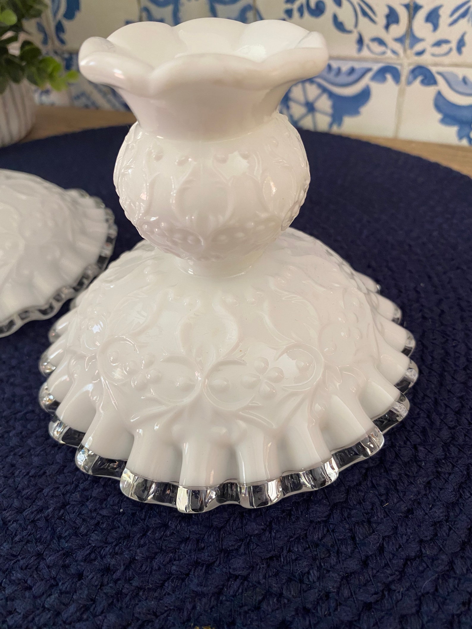 Pair of Vintage Fenton White Milk Glass Silver Crest - Etsy