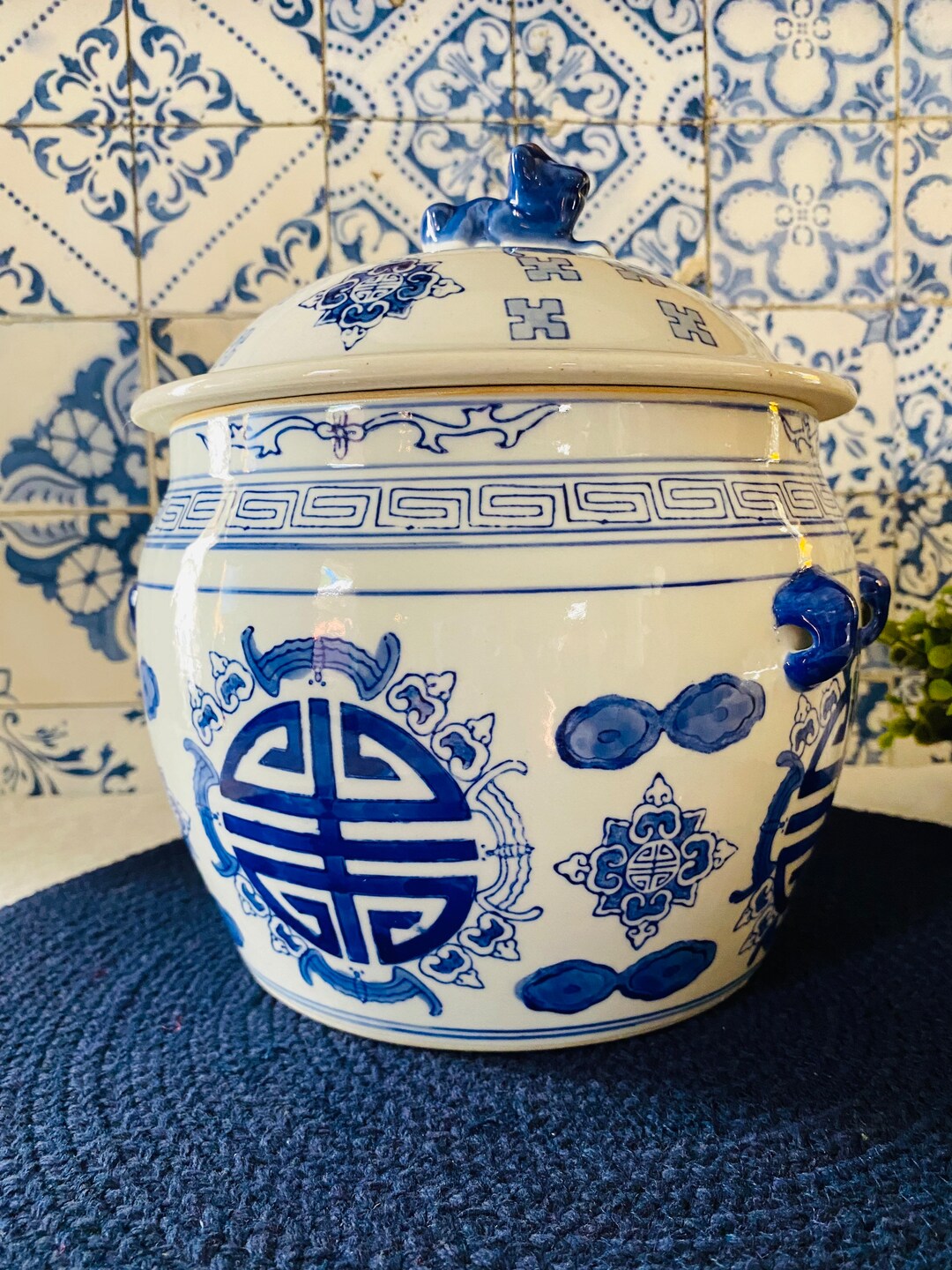 Large Porcelain Chinese Blue & White Lidded Foo Dog Rice Jar/ Ginger ...