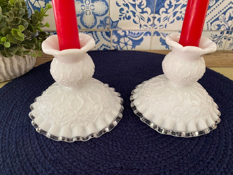 Pair of Vintage Fenton White Milk Glass Silver Crest - Etsy