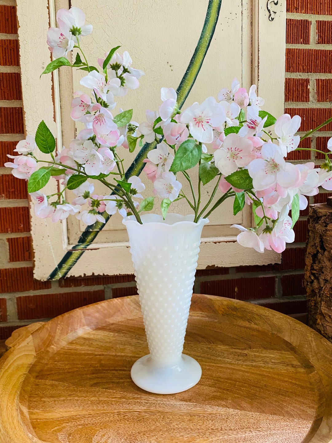 Large Hobnail Ruffled Top Milk Glass Vase / Cone Shaped Vase / Rare ...